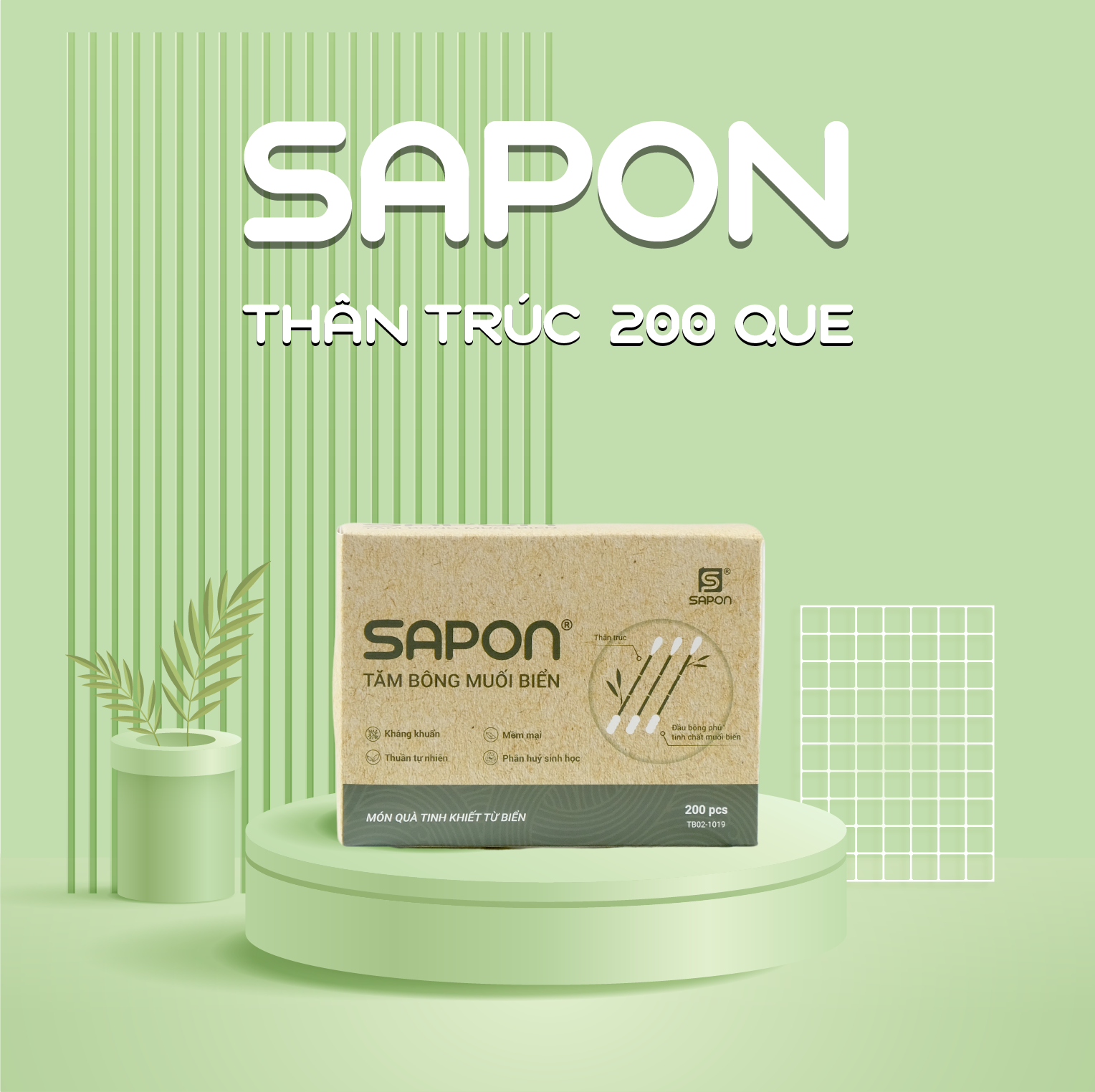 Tăm bông muối biển SAPON Hộp giấy chữ nhật người lớn thân trúc 200 pcs